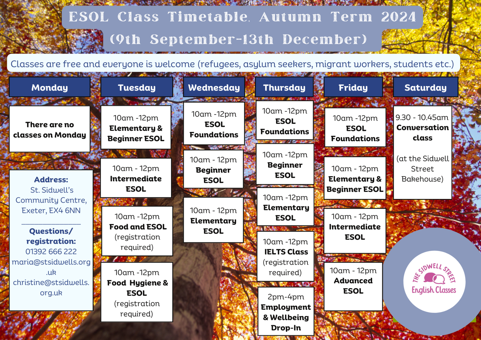 Autumn Timetable 2024 29 Aug - St Sidwell's Community Centre