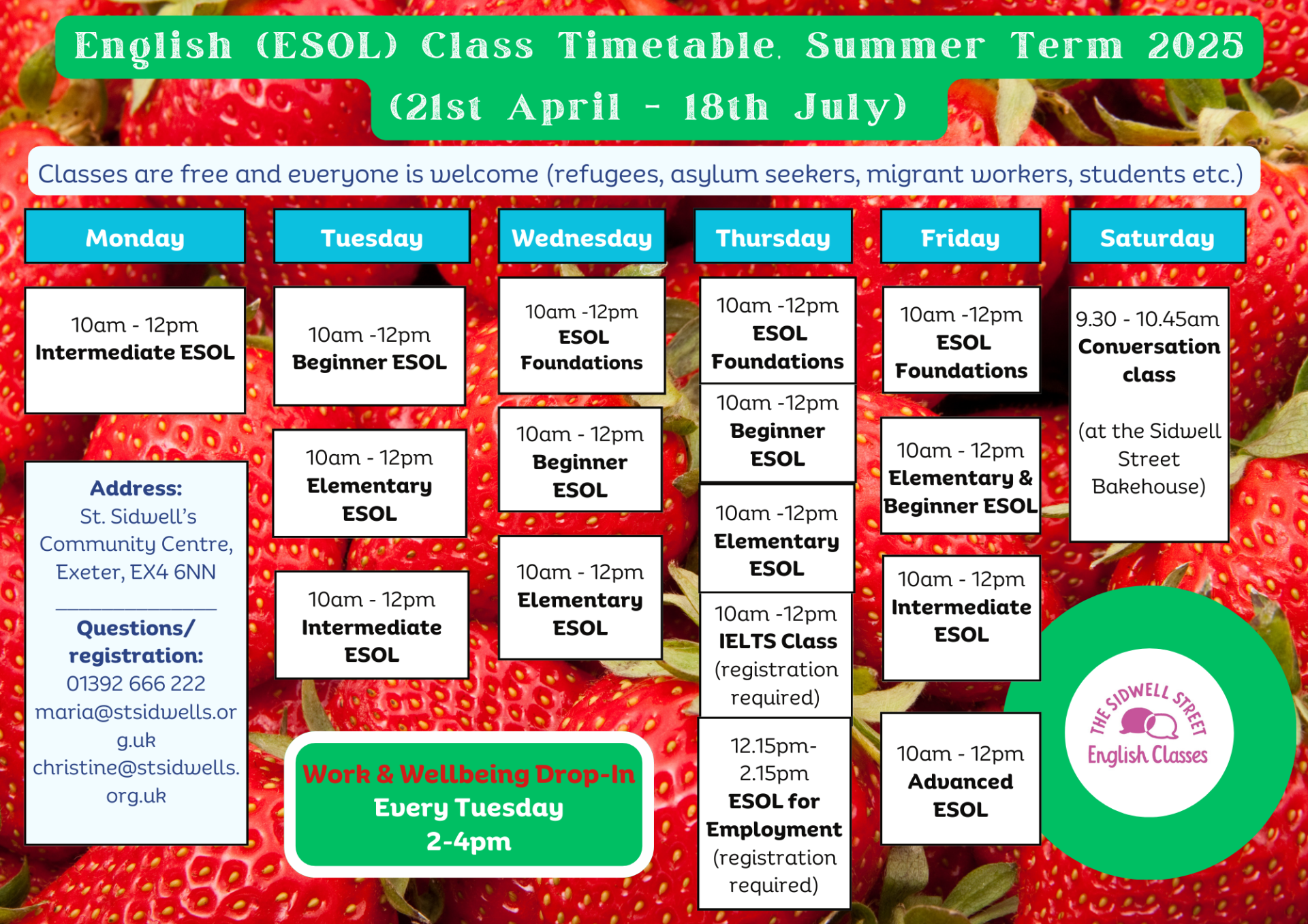 ESOL Timetable May 2025 - St Sidwell's Community Centre